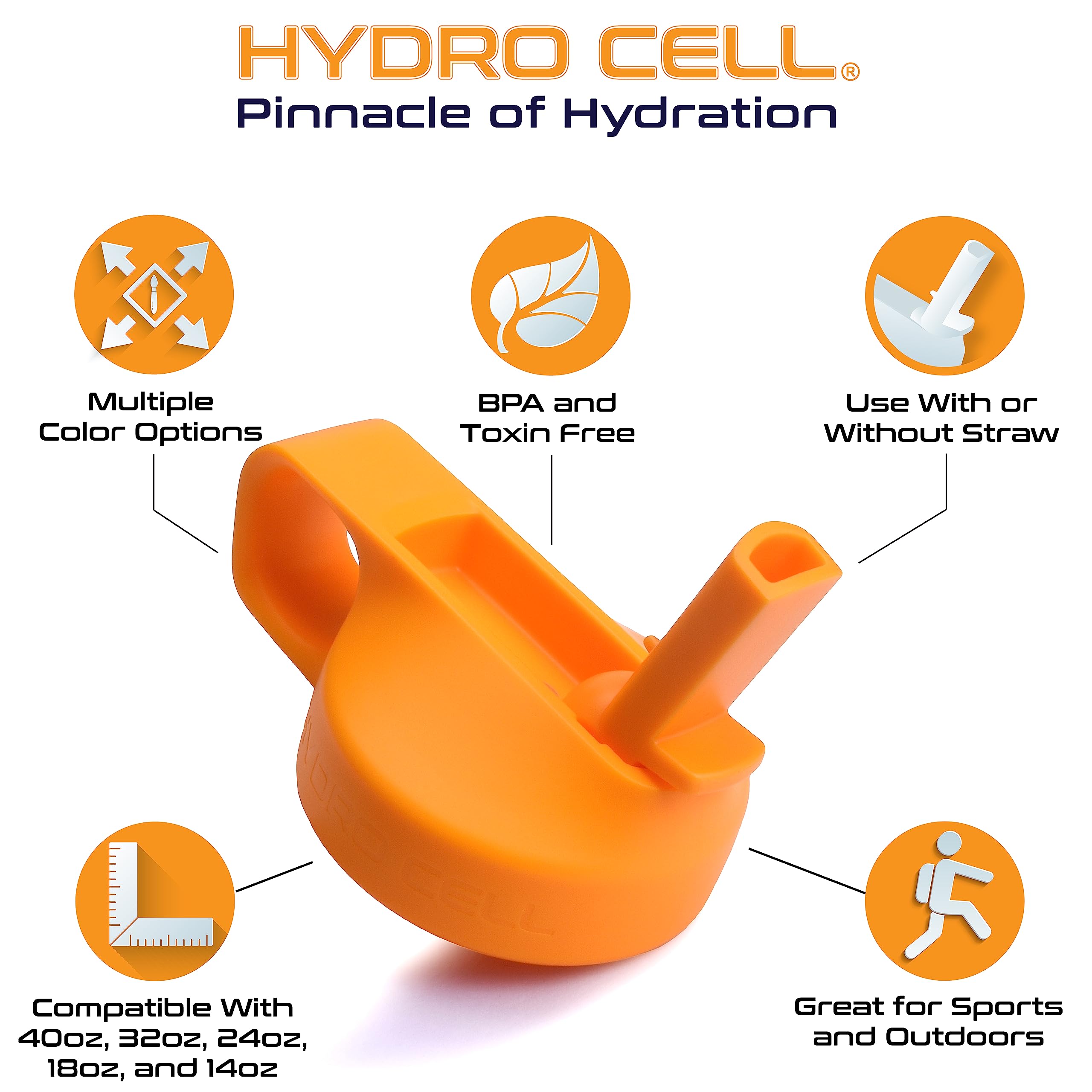 HYDRO CELL Sports Cap w/Straw for Wide Mouth Water Bottles - BPA Free Flip Spout Replacement Lid - 64 oz, 40 oz, 32 oz, 24 oz, 18 oz, 14 oz. Sports Top Accessories (Orange Sports Cap, 14oz-40oz)