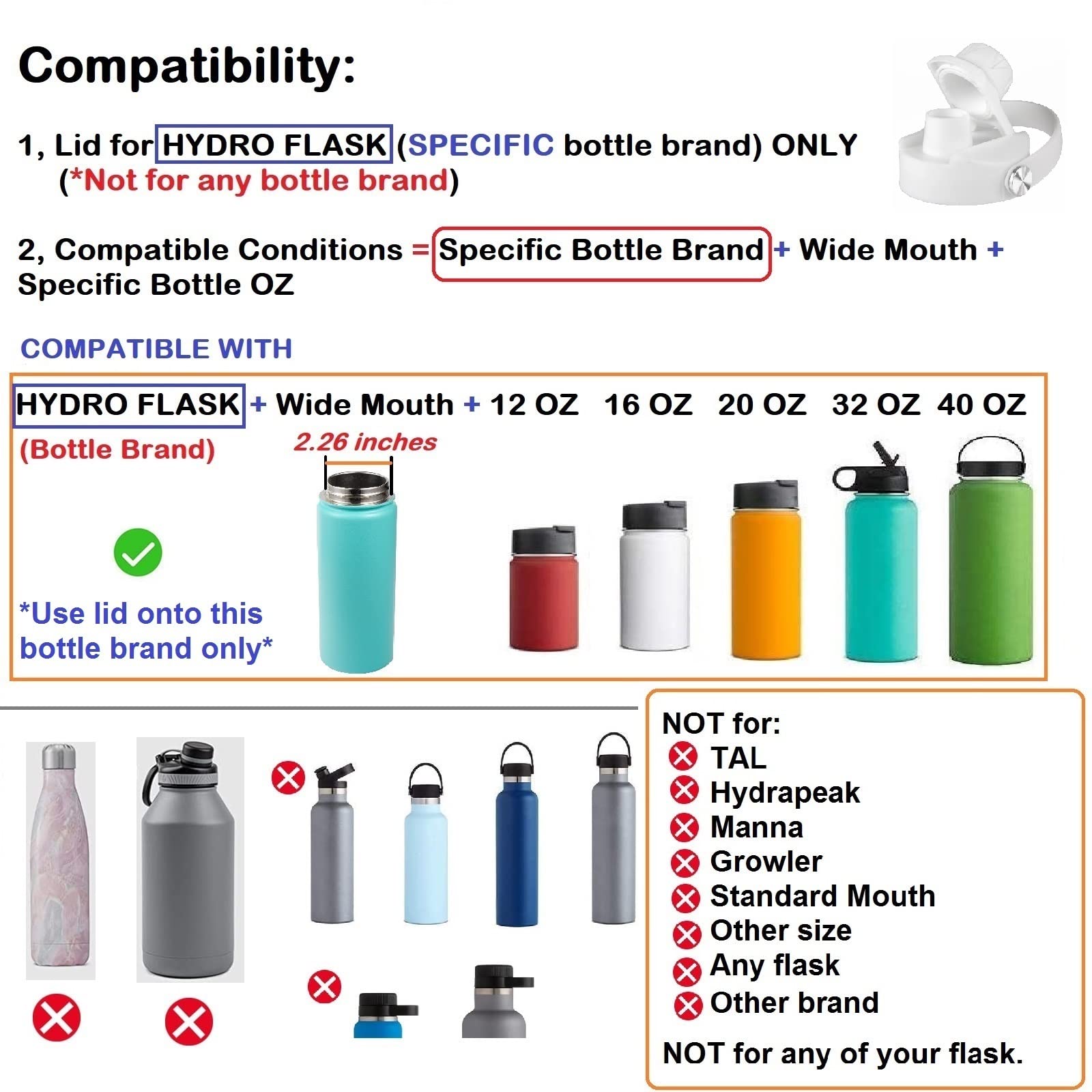 Lid for Hydro Flask 32 40 oz Wide Mouth, Replacement Lids Compatible with Hydro Flask Wide Mouth Water Bottle, Top Spout Lid with Handle, Wide Mouth Lid Chug Cap Accessories, White