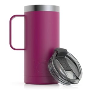 rtic 16 oz coffee travel mug with lid and handle, stainless steel vacuum-insulated mugs, leak, spill proof, hot beverage and cold, portable thermal tumbler cup for car, camping, very berry