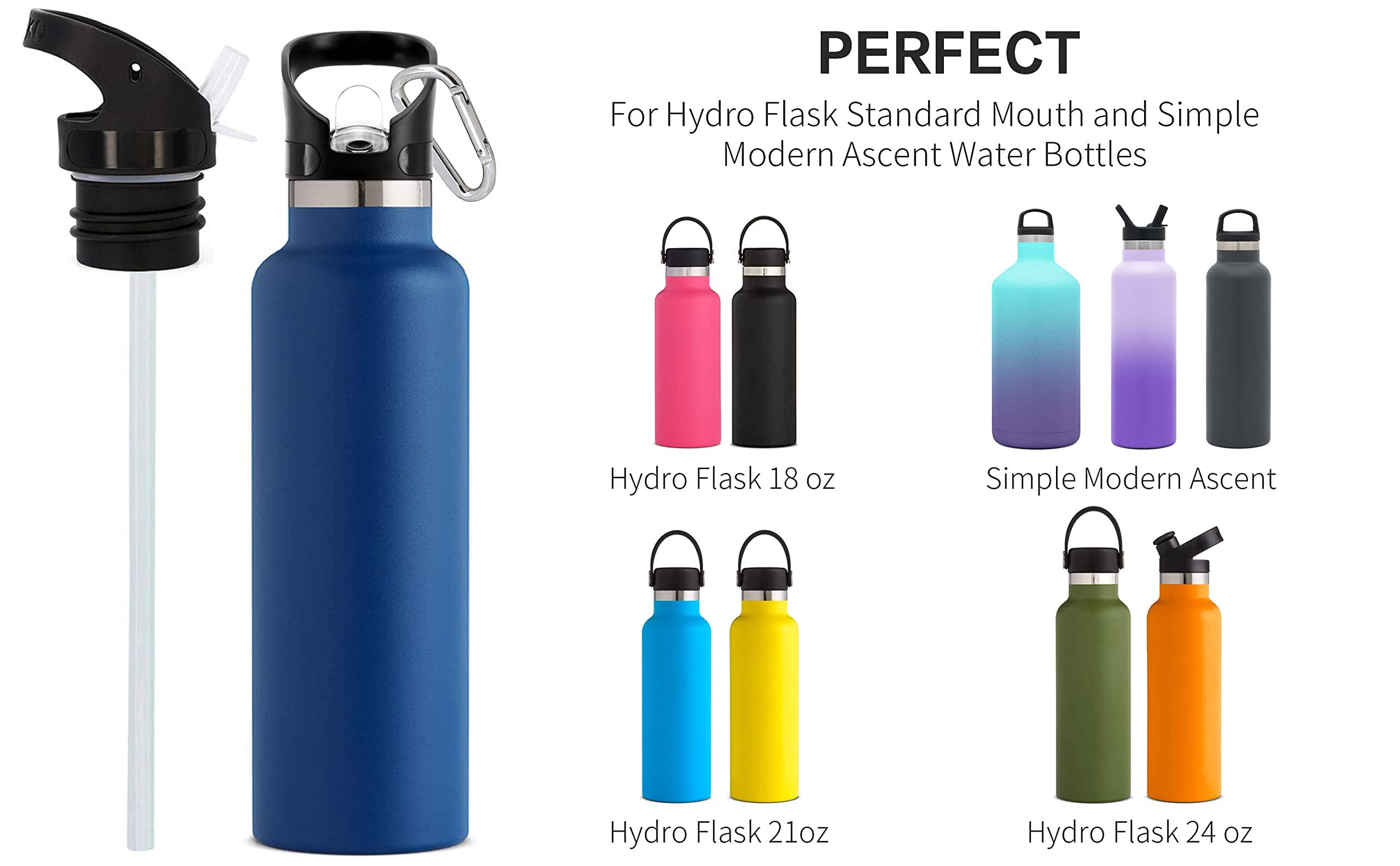 Straw Lid for Hydro Flask Standard Mouth - Replacement Straw Lids, Compatible with Simple Modern Ascent Lid for 1.91" Mouth 18 oz, 21 oz, 24 oz Insulated Water Bottle Flip Top (A-2PC)