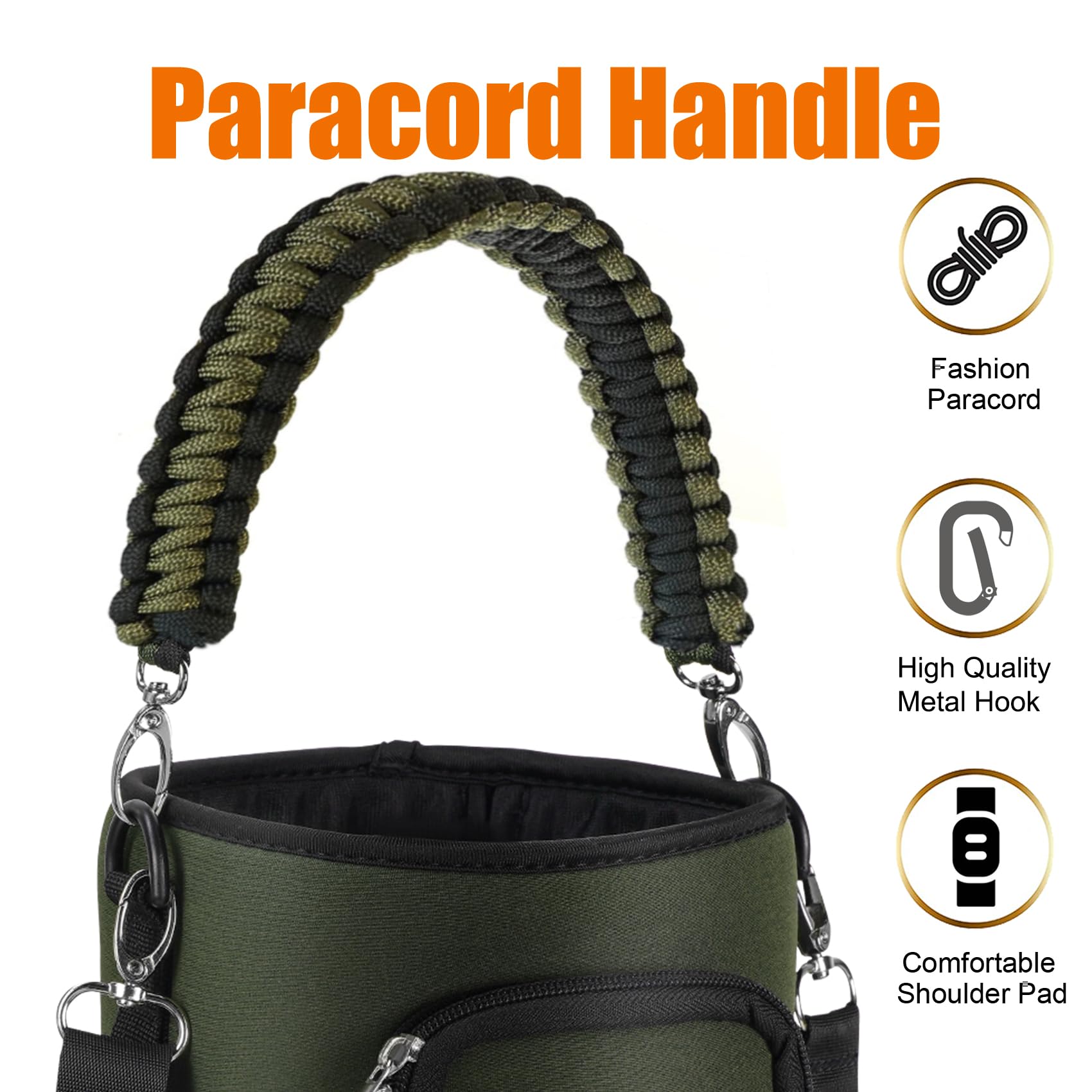 AceTreker 64/87/128 oz Neoprene Water Bottle Sleeve, Half Gallon/One Gallon Sling Carrier Bag for Vacuum Metal Steel Water Jug with Adjustable Shoulder Strap, Paracord Handle and 2 Pocket-Green