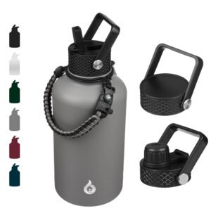 bjpkpk half gallon insulated water bottles with straw lid,64oz large water bottle,stainless steel water bottles with 3 lids and paracord handle, water bottle for hot & cold liquid,gray