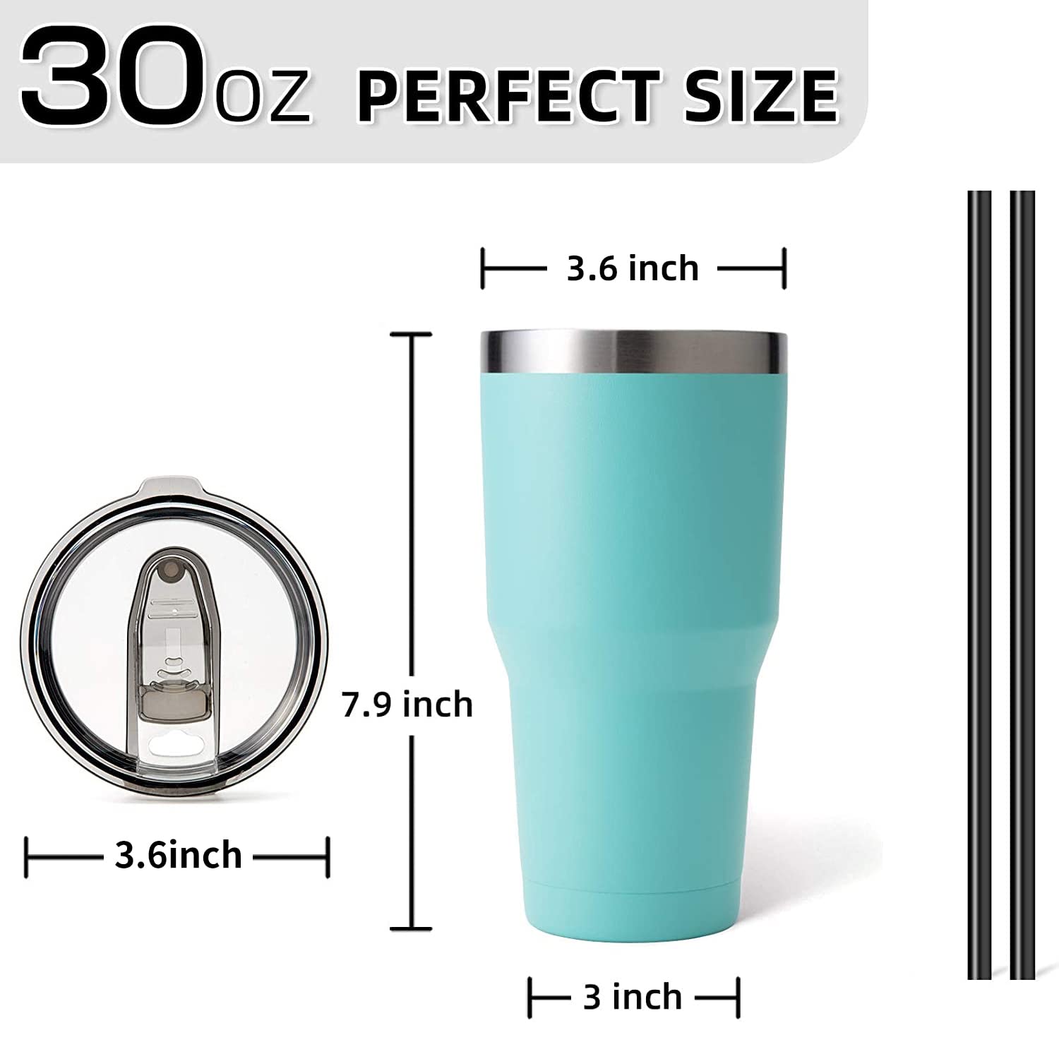 Zibtes 30oz Insulated Tumbler With Lid and Straws, Stainless Steel Double Vacuum Coffee Tumbler Cup, Powder Coated Travel Mug for Home, Office, Travel, Party (Teal 1 pack)