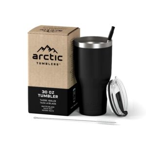 arctic tumblers | 30 oz matte black insulated tumbler with straw & cleaner - retains temperature up to 24hrs - non-spill splash proof lid, double wall vacuum technology, bpa free & built to last