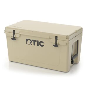 rtic 65 qt ultra-tough cooler hard insulated portable ice chest box for beach, drink, beverage, camping, picnic, fishing, boat, barbecue, tan