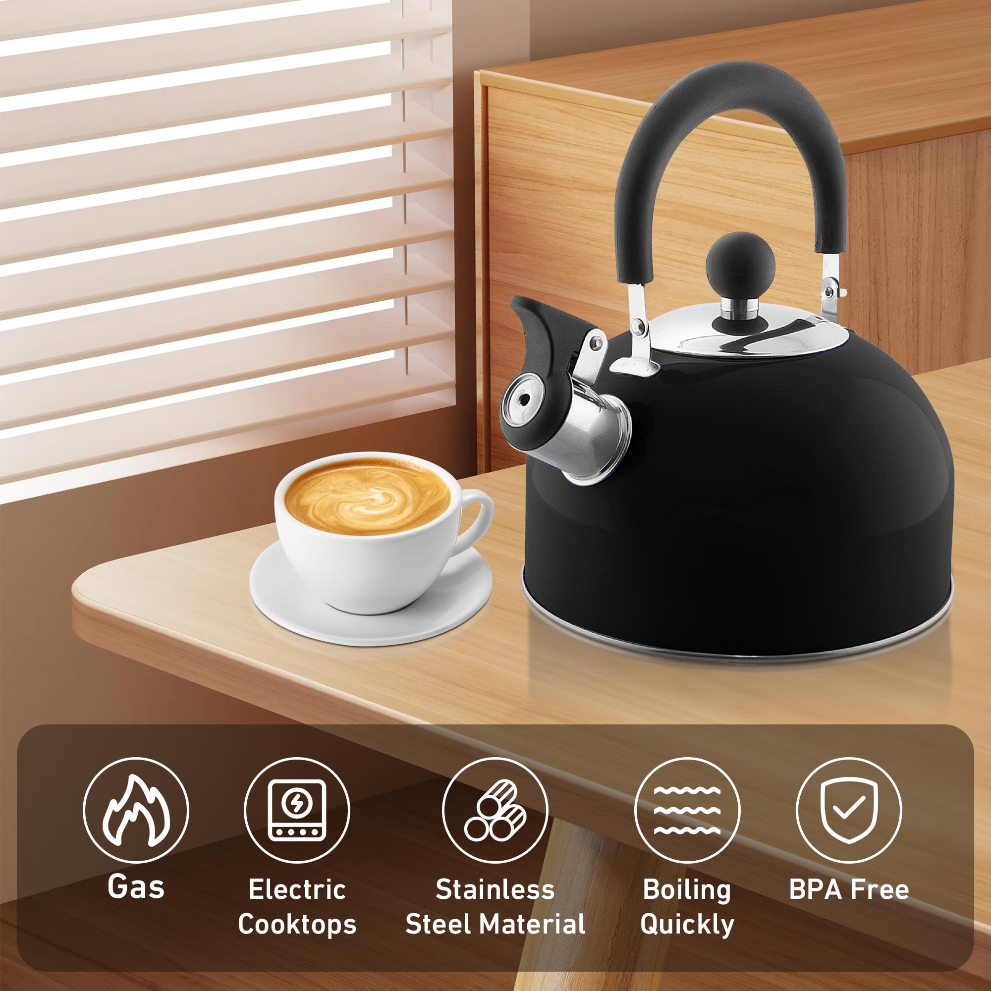 Lily's Home 2 Quart Stainless Steel Whistling Tea Kettle, the Perfect Stovetop Tea and Water Boilers for Your Home, Dorm, Condo or Apartment. (Black)