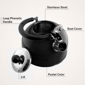 Lily's Home 2 Quart Stainless Steel Whistling Tea Kettle, the Perfect Stovetop Tea and Water Boilers for Your Home, Dorm, Condo or Apartment. (Black)