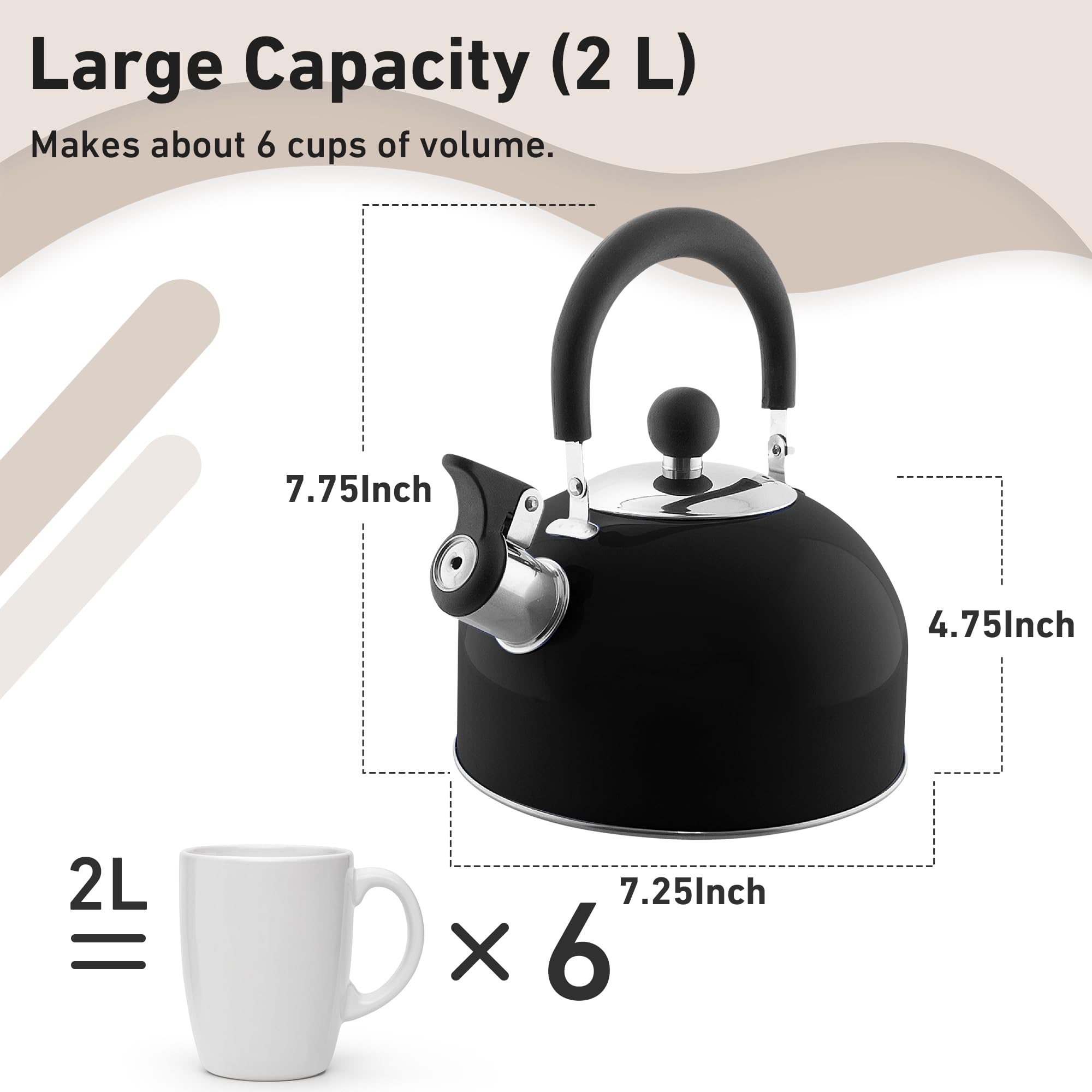 Lily's Home 2 Quart Stainless Steel Whistling Tea Kettle, the Perfect Stovetop Tea and Water Boilers for Your Home, Dorm, Condo or Apartment. (Black)