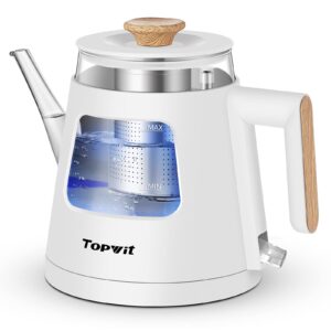 topwit electric kettle, 1.0l electric tea kettle with removable stainless steel infuser, bpa-free electric glass kettle with window, double wall water warmer, gooseneck kettle, auto-shut off, white