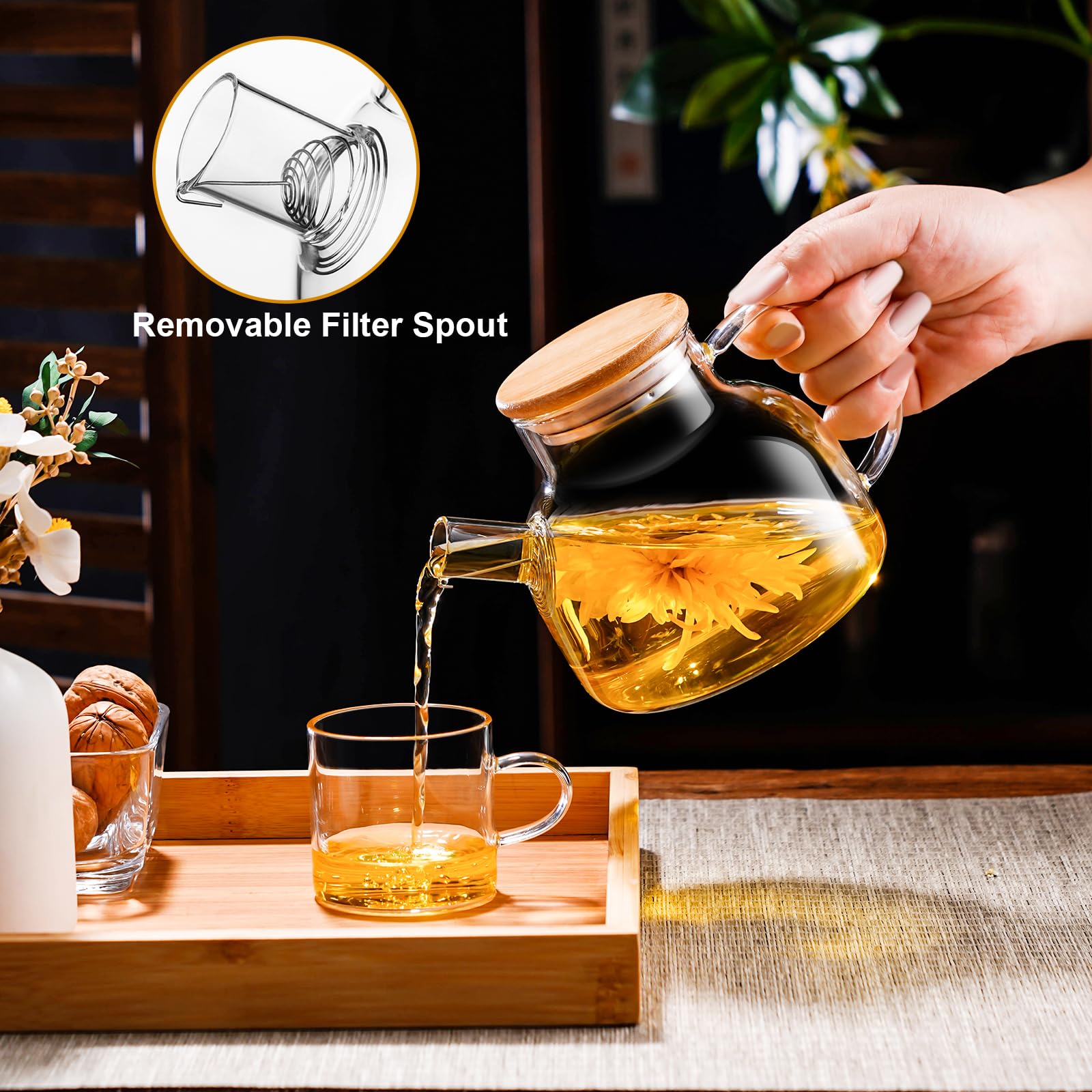 PARACITY Glass Teapot Stovetop 20 OZ/600ml, Borosilicate Clear Tea Kettle with Bamboo Lid, Glass Tea pot with Removable Filter Spout, Teapot Blooming and Loose Leaf Tea Maker Tea Brewer for Camping