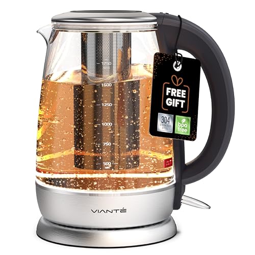 Vianté Electric Glass Tea Kettle with Removable Infuser. Hot tea infuser Pot for Loose Leaf & Bagged Tea. BPA-FREE. Stainless Steel & Borosilicate Glass. LED Illuminated. 1.7 Liters capacity.