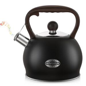 tea kettle whistling teapot for stovetop - 2.64 quart food grade stainless steel tea pot for stove top with wood pattern handle, loud whistle kettle for tea, coffee, milk - black