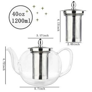 Jitejoe Glass Teapot 40oz,1200ml Glass Tea Kettle with Removable Infuser for Loose Leaf Tea,Thickened Glass Teapot with Infuser for Stove Top,Premium Tea Pot Microwave & Stovetop & Dishwasher Safe