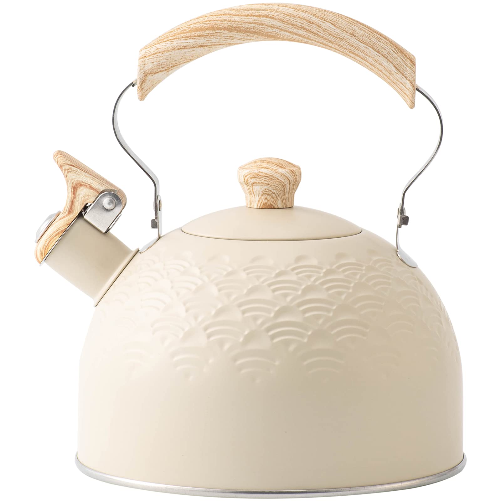 Whistling Tea Kettle Stainless Steel Tea Pots for Stove Top Stylish Kettle With Wood Pattern Anti-slip Handle,2.6 Quart, Beige