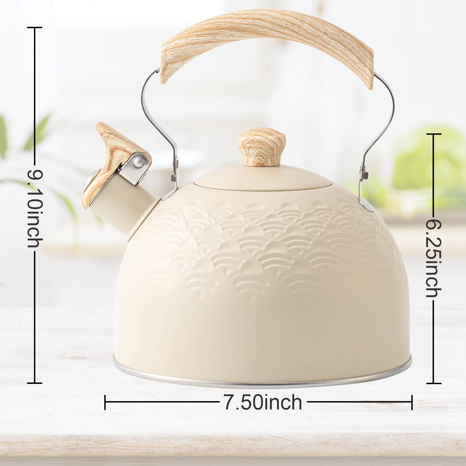 Whistling Tea Kettle Stainless Steel Tea Pots for Stove Top Stylish Kettle With Wood Pattern Anti-slip Handle,2.6 Quart, Beige