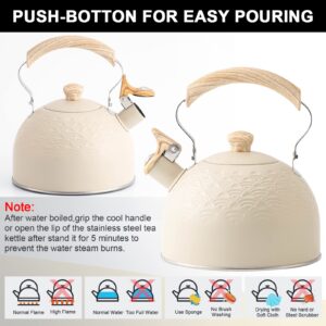 Whistling Tea Kettle Stainless Steel Tea Pots for Stove Top Stylish Kettle With Wood Pattern Anti-slip Handle,2.6 Quart, Beige