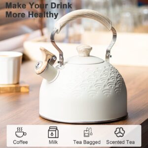 Whistling Tea Kettle Stainless Steel Tea Pots for Stove Top Stylish Kettle With Wood Pattern Anti-slip Handle,2.6 Quart, Beige