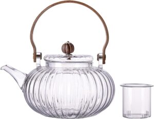 motanber pumkin glass teapot,stovetop & electric stove safe,clear kettle with infuser,27 oz(800ml), for blooming flower tea and loose leaf tea maker set