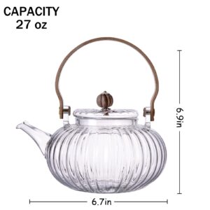 Motanber Pumkin Glass Teapot,Stovetop & electric stove Safe,clear kettle with infuser,27 oz(800ml), For Blooming Flower Tea and Loose Leaf Tea Maker Set