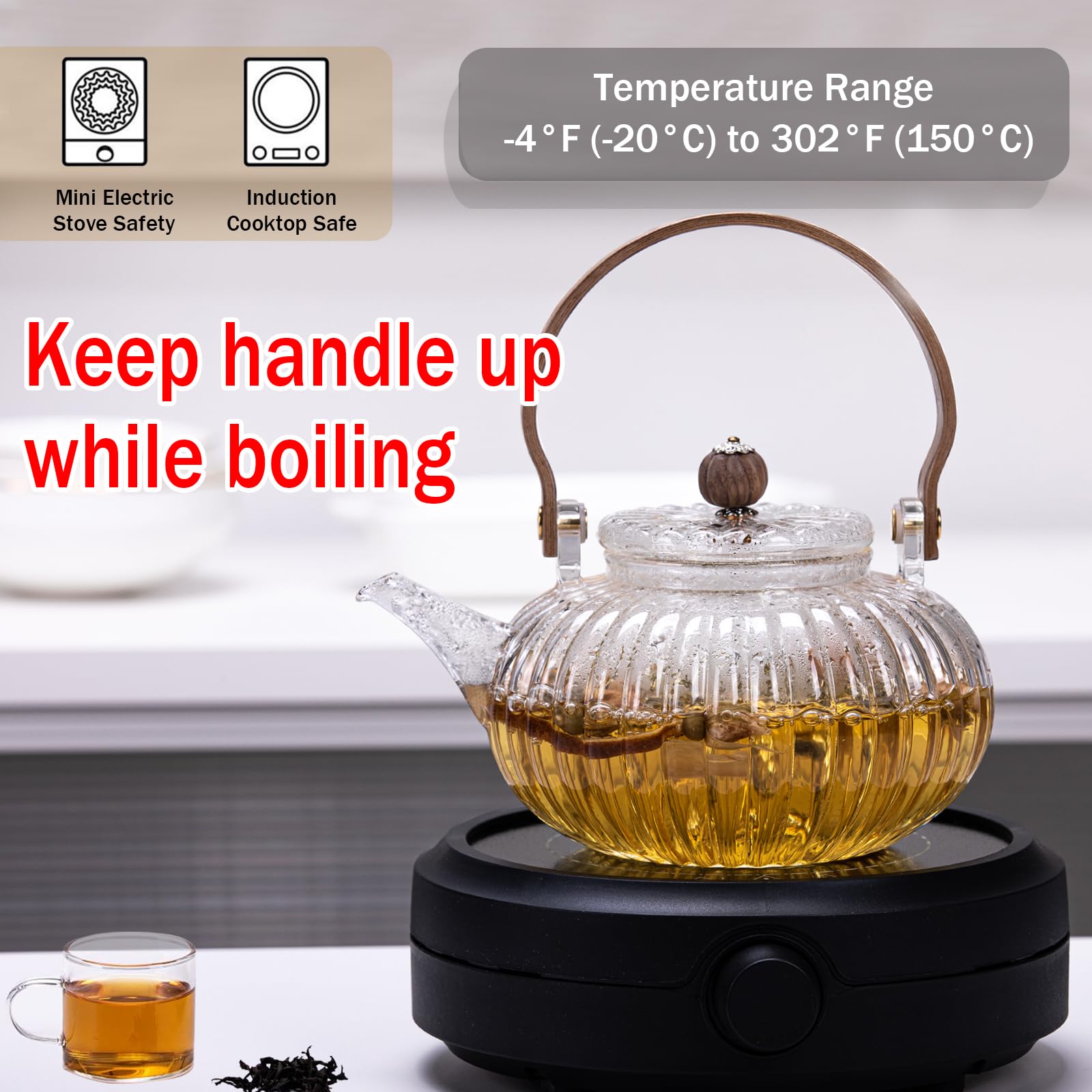 Motanber Pumkin Glass Teapot,Stovetop & electric stove Safe,clear kettle with infuser,27 oz(800ml), For Blooming Flower Tea and Loose Leaf Tea Maker Set