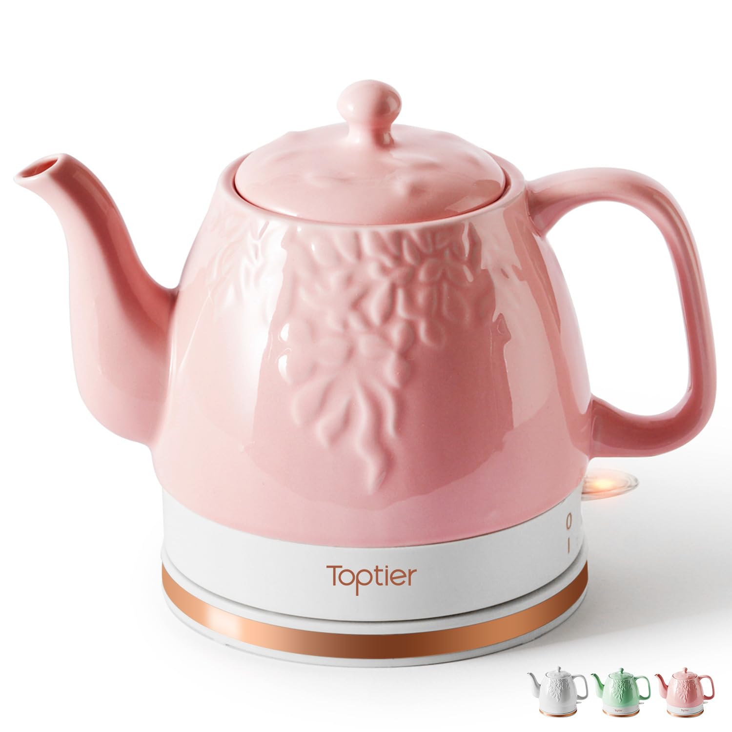 Toptier Electric Ceramic Tea Kettle, Boil Water Quickly and Easily, Detachable Swivel Base & Boil Dry Protection, Carefree Auto Shut Off, 1 L (1 LITER, Light Pink)