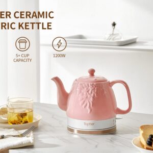 Toptier Electric Ceramic Tea Kettle, Boil Water Quickly and Easily, Detachable Swivel Base & Boil Dry Protection, Carefree Auto Shut Off, 1 L (1 LITER, Light Pink)