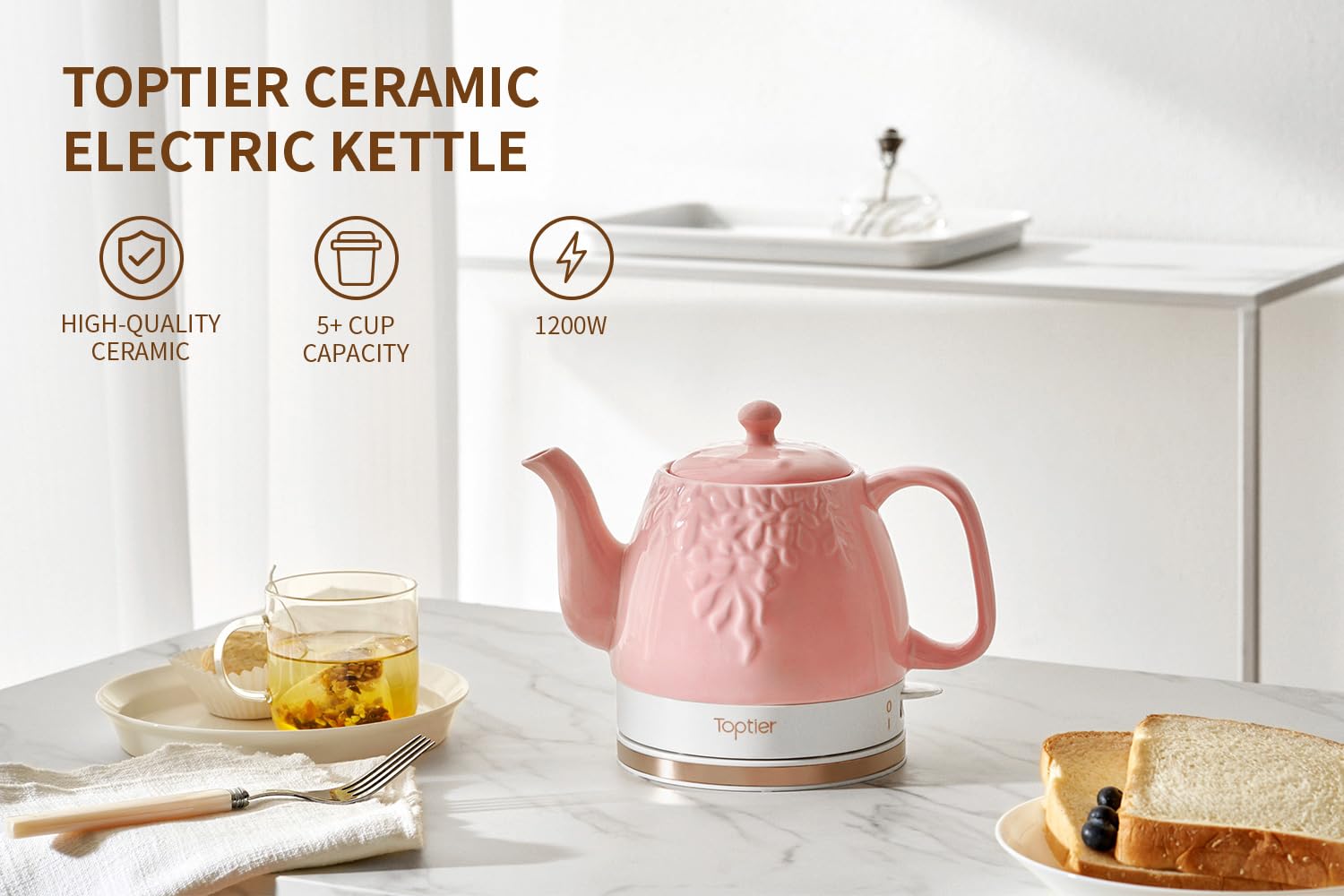 Toptier Electric Ceramic Tea Kettle, Boil Water Quickly and Easily, Detachable Swivel Base & Boil Dry Protection, Carefree Auto Shut Off, 1 L (1 LITER, Light Pink)