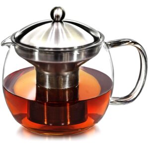 teapot with infuser for loose tea - 40oz, 3-4 cup tea infuser, clear glass tea kettle pot with strainer & warmer - loose leaf, iced tea maker & brewer