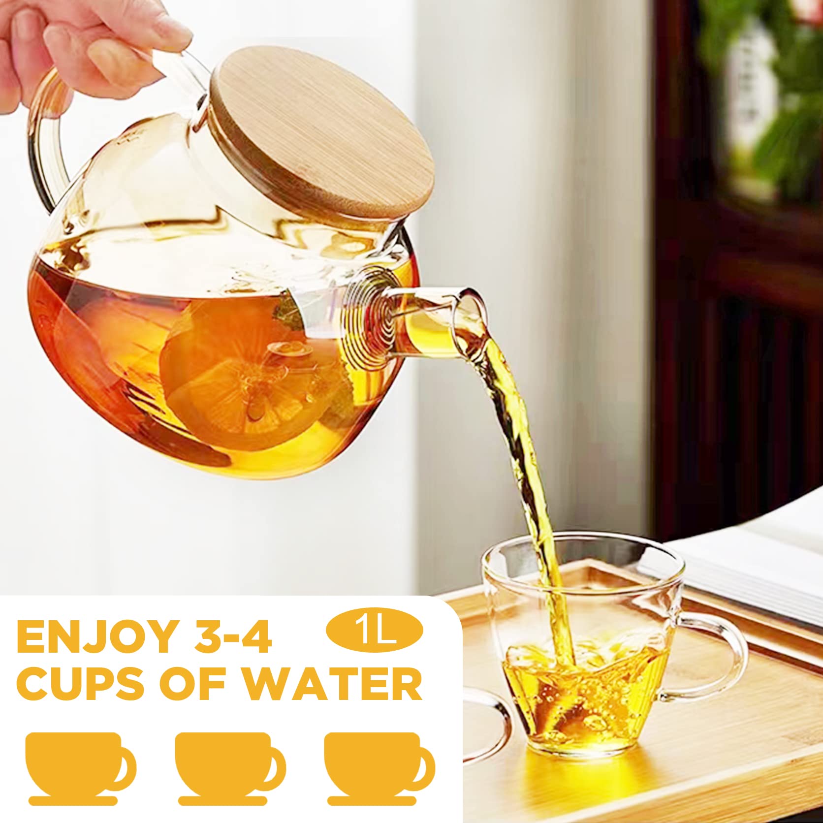 SITIEPA Glass Tea Pot Kettles Stovetop Safe, 33.8oz/1000ml Heatproof Borosilicate Glass Teapot Water Pitcher With Bamboo Lid and Removable Filter Spout for Loose Leaf and Blooming Tea