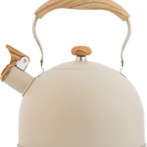 Tea Kettle, 2.6 Quart/2.5 Liter Whistling Tea Kettle, Tea Pots for Stove Top Food Grade Stainless Steel with Wood Pattern Folding Handle - Creamy White