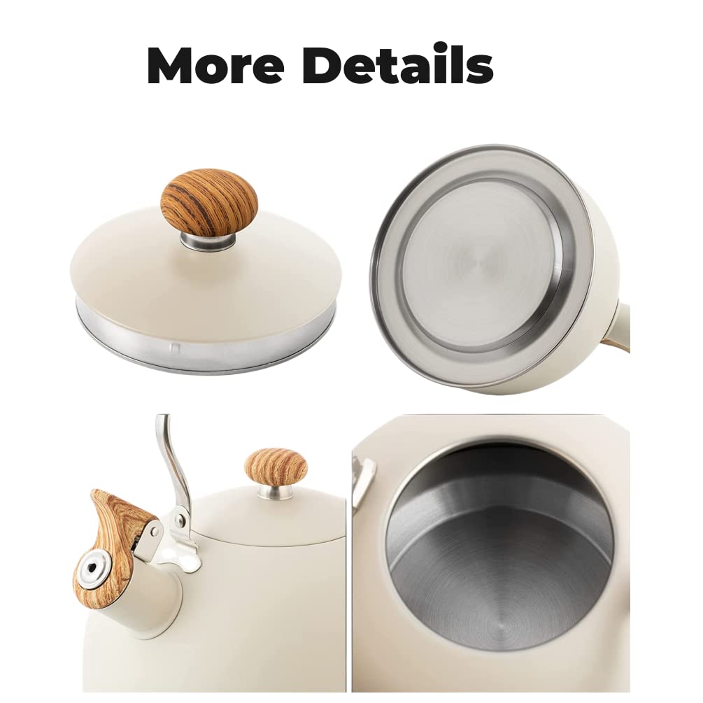 Tea Kettle, 2.6 Quart/2.5 Liter Whistling Tea Kettle, Tea Pots for Stove Top Food Grade Stainless Steel with Wood Pattern Folding Handle - Creamy White