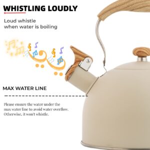 Tea Kettle, 2.6 Quart/2.5 Liter Whistling Tea Kettle, Tea Pots for Stove Top Food Grade Stainless Steel with Wood Pattern Folding Handle - Creamy White