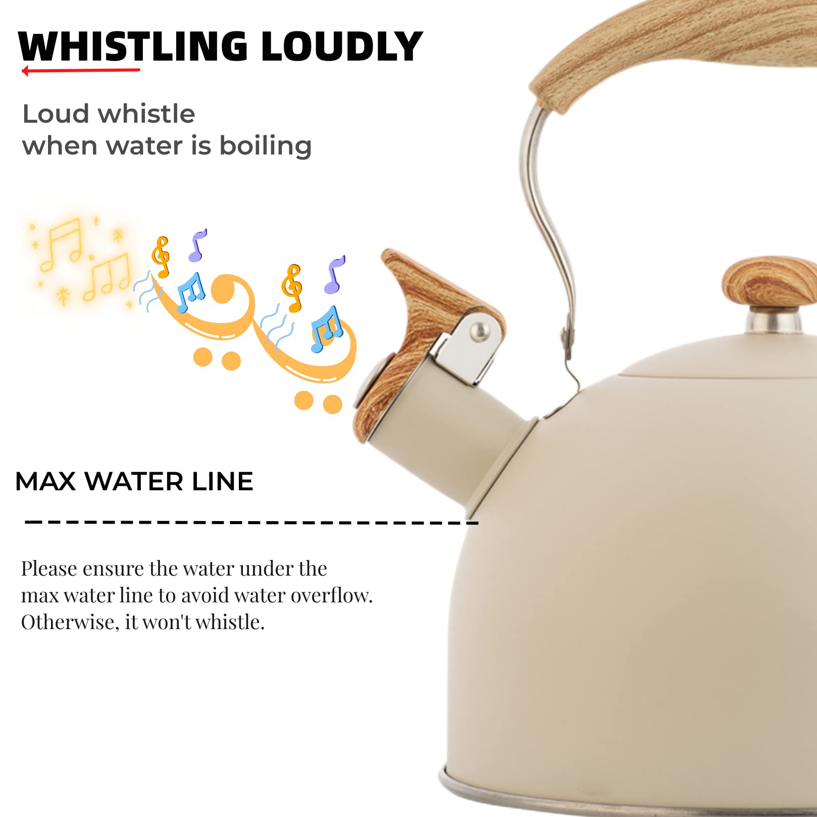 Tea Kettle, 2.6 Quart/2.5 Liter Whistling Tea Kettle, Tea Pots for Stove Top Food Grade Stainless Steel with Wood Pattern Folding Handle - Creamy White