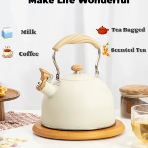 Tea Kettle, 2.6 Quart/2.5 Liter Whistling Tea Kettle, Tea Pots for Stove Top Food Grade Stainless Steel with Wood Pattern Folding Handle - Creamy White