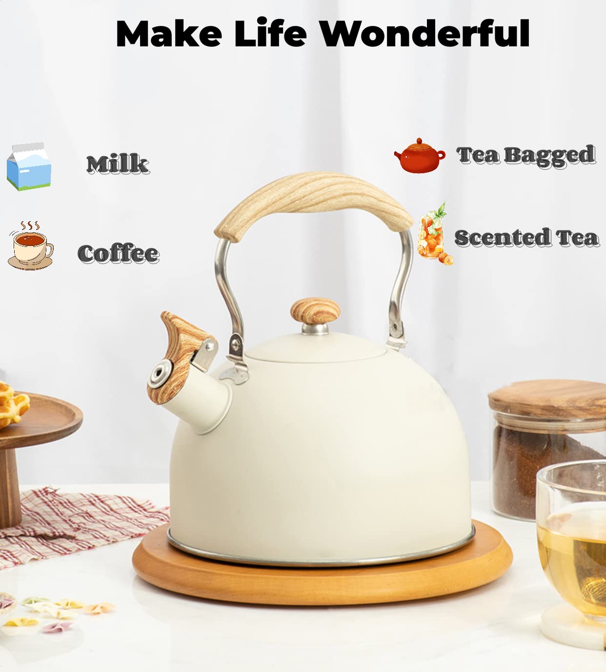 Tea Kettle, 2.6 Quart/2.5 Liter Whistling Tea Kettle, Tea Pots for Stove Top Food Grade Stainless Steel with Wood Pattern Folding Handle - Creamy White