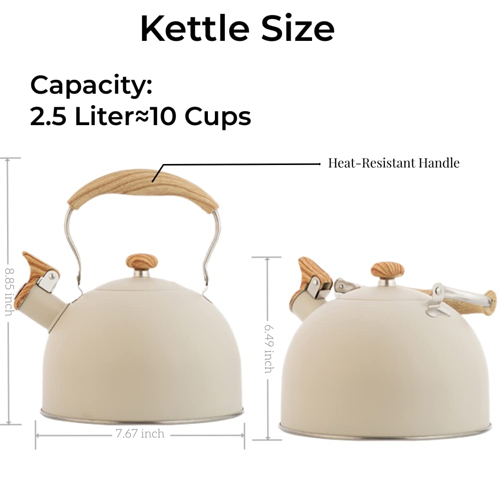 Tea Kettle, 2.6 Quart/2.5 Liter Whistling Tea Kettle, Tea Pots for Stove Top Food Grade Stainless Steel with Wood Pattern Folding Handle - Creamy White