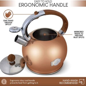 ELITRA HOME Stove Top Whistling Fancy Tea Kettle Stainless Steel Tea Pot with Ergonomic Handle 2.7 Quart / 2.6 Liter (ROSE GOLD)