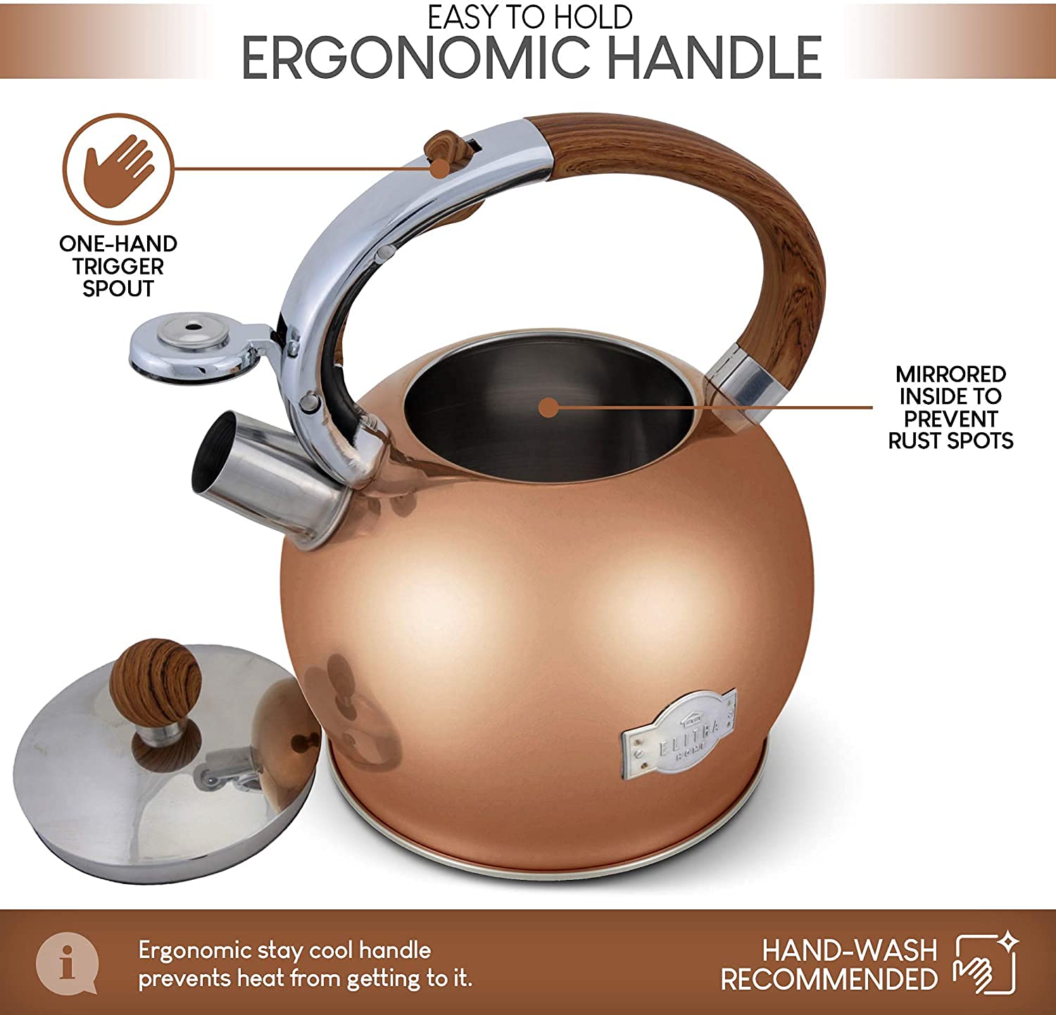 ELITRA HOME Stove Top Whistling Fancy Tea Kettle Stainless Steel Tea Pot with Ergonomic Handle 2.7 Quart / 2.6 Liter (ROSE GOLD)