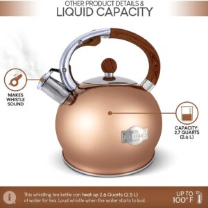 ELITRA HOME Stove Top Whistling Fancy Tea Kettle Stainless Steel Tea Pot with Ergonomic Handle 2.7 Quart / 2.6 Liter (ROSE GOLD)