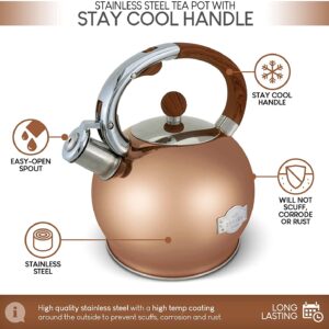 ELITRA HOME Stove Top Whistling Fancy Tea Kettle Stainless Steel Tea Pot with Ergonomic Handle 2.7 Quart / 2.6 Liter (ROSE GOLD)