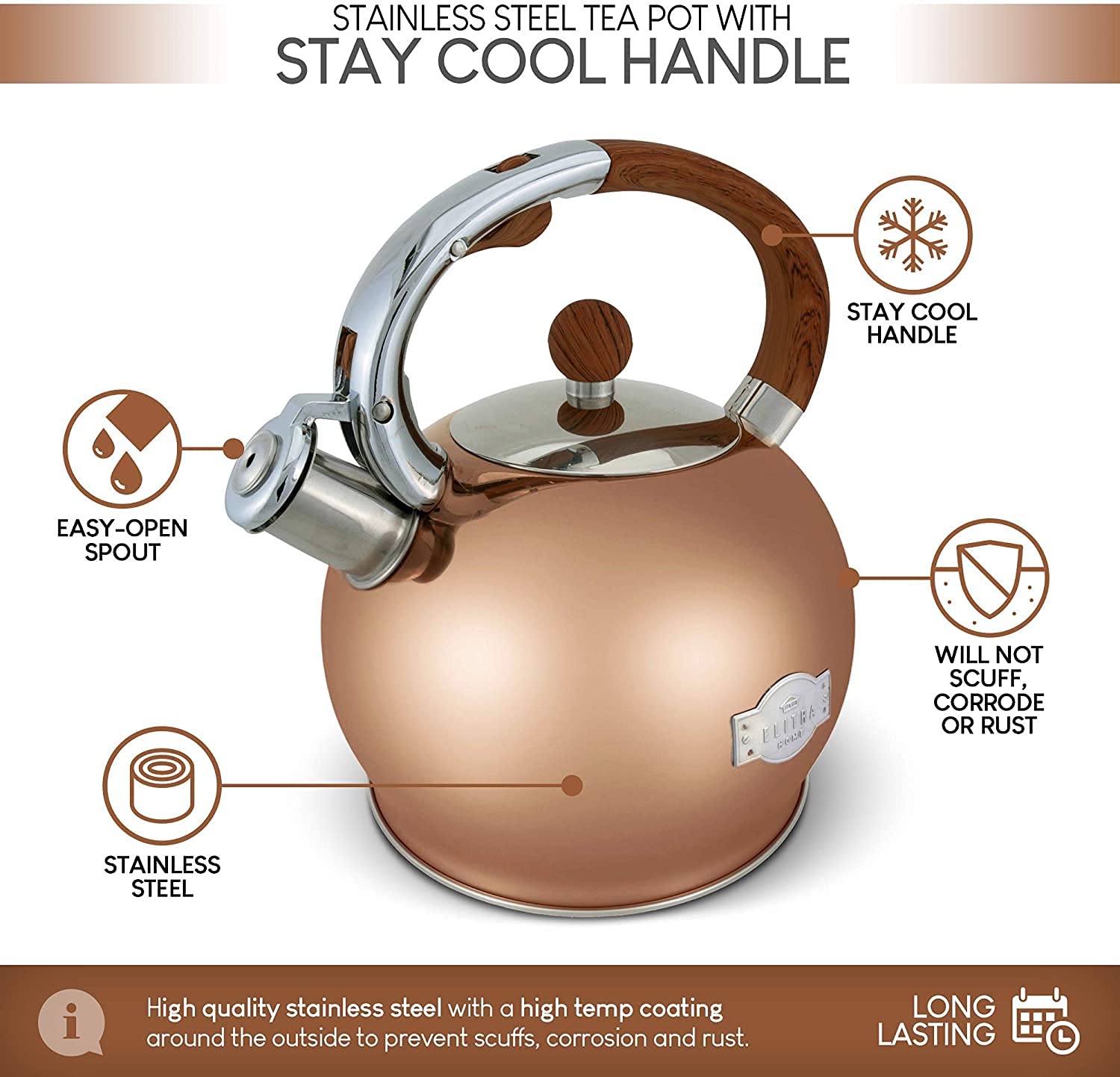 ELITRA HOME Stove Top Whistling Fancy Tea Kettle Stainless Steel Tea Pot with Ergonomic Handle 2.7 Quart / 2.6 Liter (ROSE GOLD)