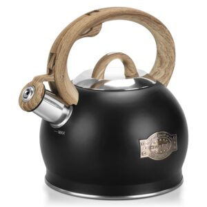 hauce radio tea kettle stovetop, black tea kettles-2.1 quart loud whistle stovetop teapot,food grade stainless steel with wood pattern handle, unique button control kettle outlet for tea, coffee