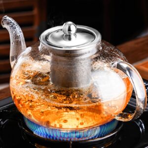 paracity glass teapot stovetop 40 oz/1200ml, borosilicate clear tea kettle with removable 18/8 stainless steel infuser, teapot blooming and loose leaf tea maker tea brewer for camping, travel