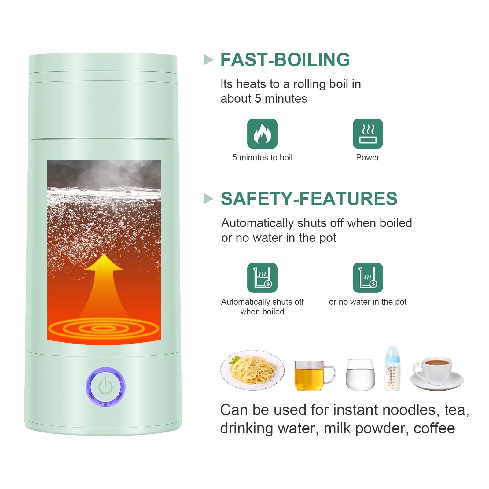 Portable Travel Electric Kettle, 300ml Small Electric Tea Kettle, Mini Portable Hot Water Boiler Stainless Materials Automatic Shut off and Dry Protection (Green)