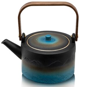 suyika ceramic teapot with bamboo handle removable infuser for flower and loose tea, 750ml/25.3oz black cyan