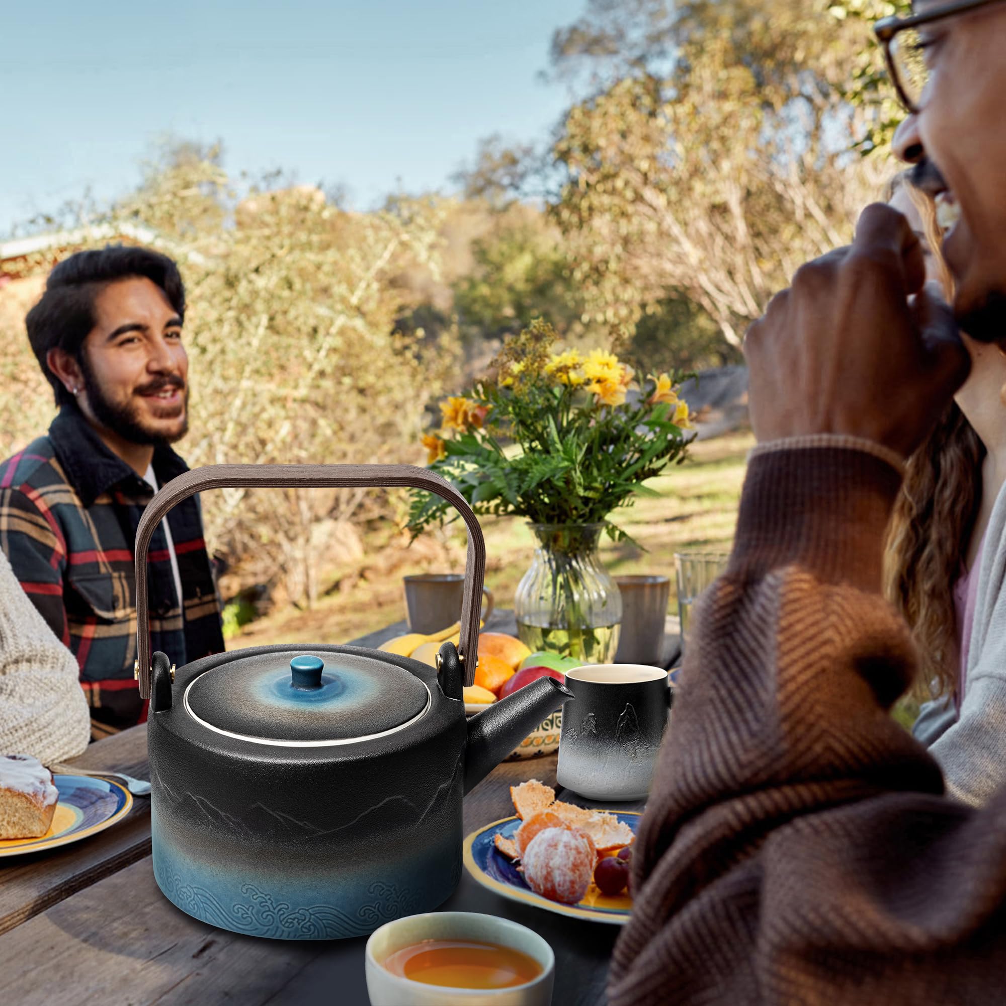 suyika Ceramic Teapot with Bamboo handle Removable Infuser for Flower and Loose Tea, 750ml/25.3oz Black Cyan