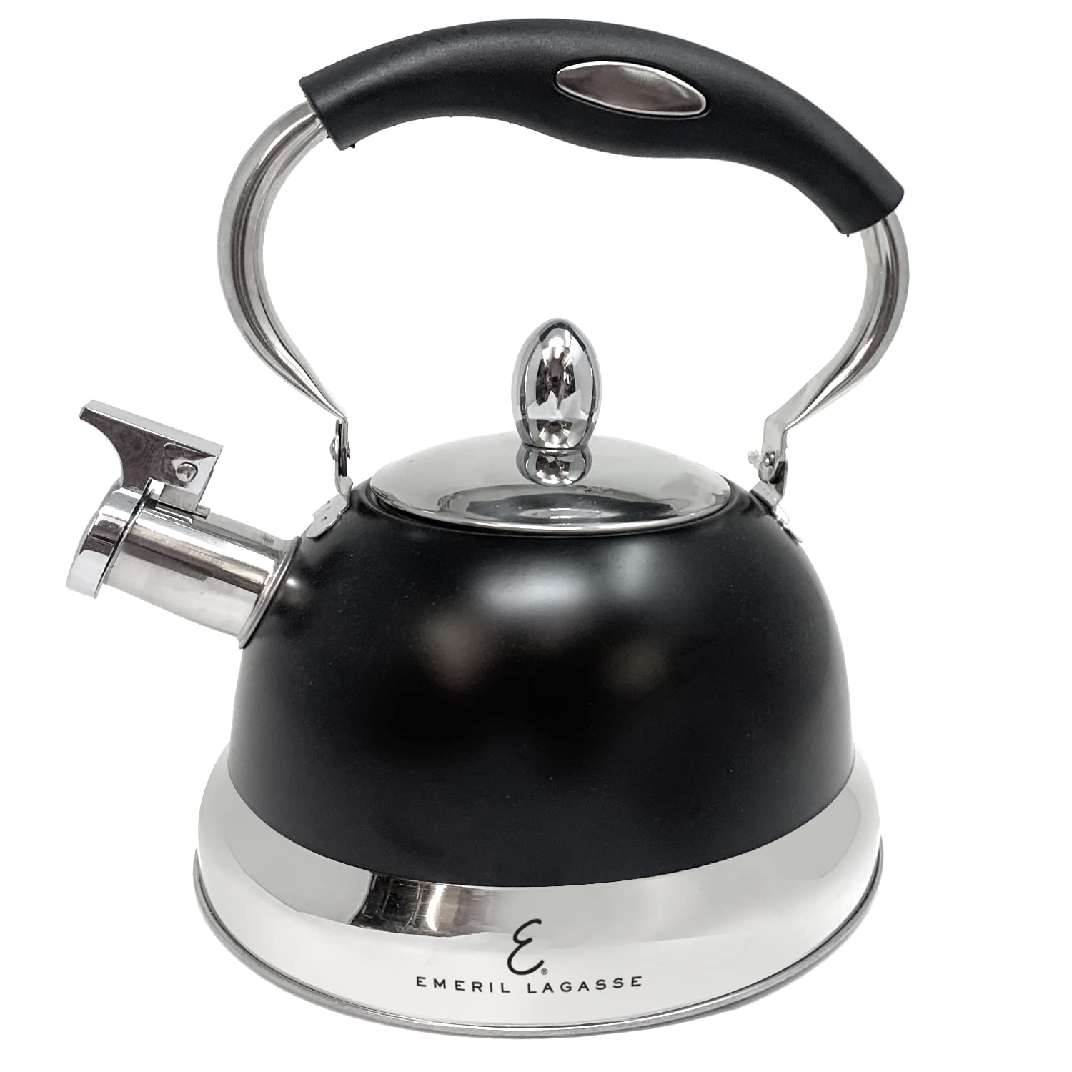 Emeril Lagasse 2.6 Quart/2.5 Liter Whistling Tea Kettle, Stainless Steel Tea Pot for Induction Stove Top, Fast to Boil Water for Home Kitchen Condo, w/Ergonomic Cool Folding Grip Handle, Black/Chrome