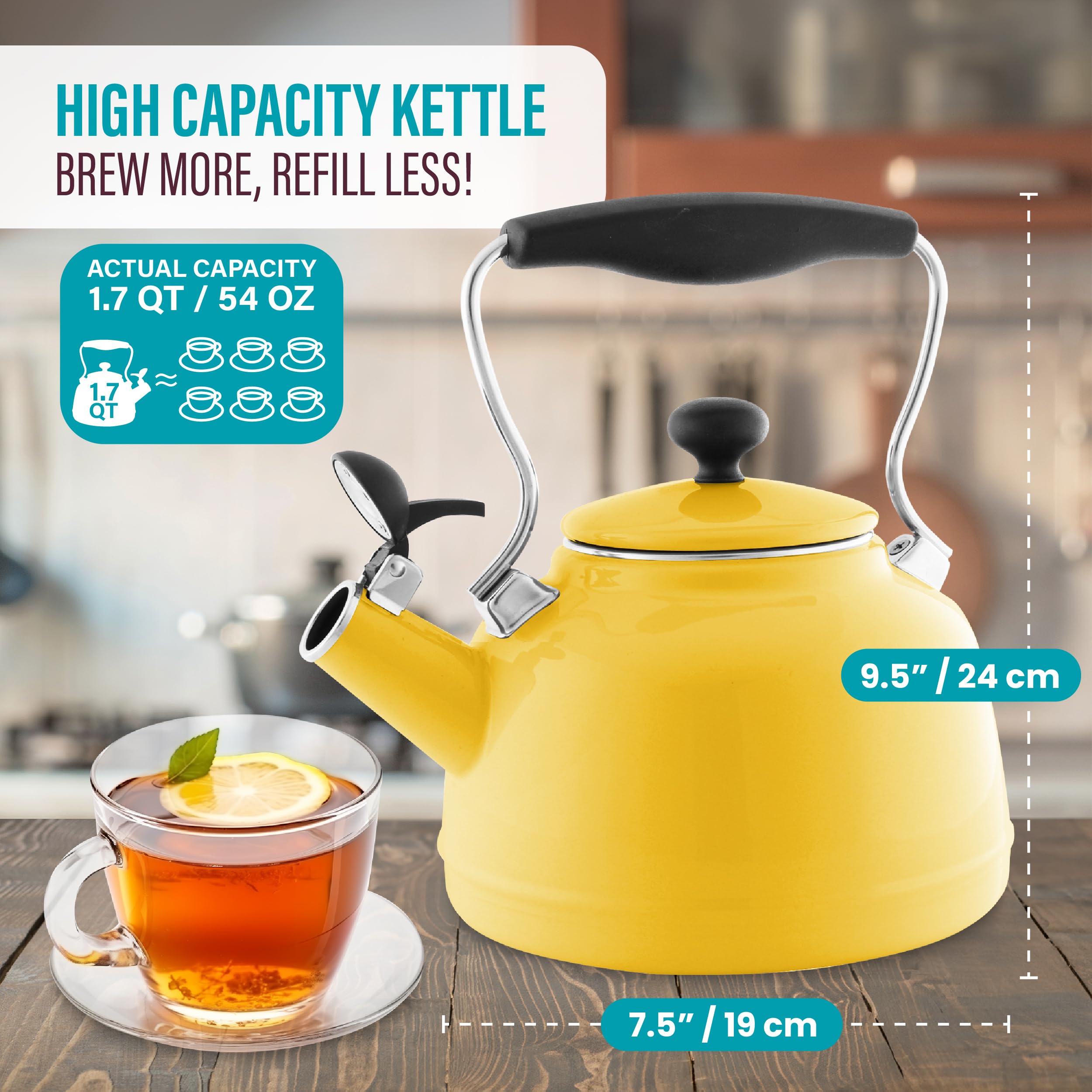 Chantal Tea Kettle, 1.7 QT, Vintage Series, Premium Enamel on Carbon Steel, Whistling, Even Heating & Quick Boil (Marigold)