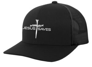 trenz shirt company christian jesus saves cross embroidered mens adjustable snapback mesh back trucker hat, black/black