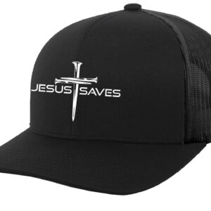 Trenz Shirt Company Christian Jesus Saves Cross Embroidered Mens Adjustable Snapback Mesh Back Trucker Hat, Black/Black